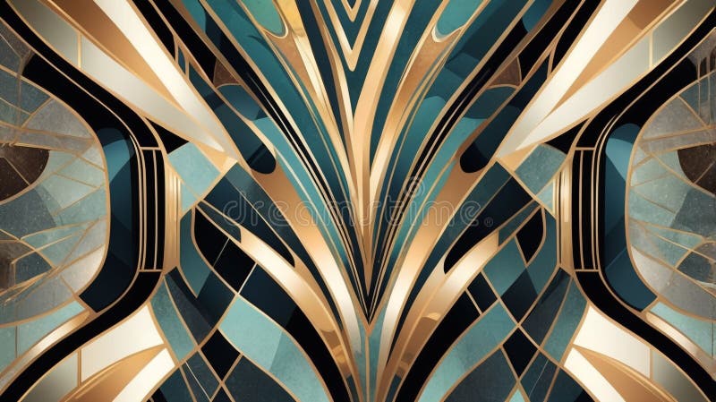 Abstract Art Deco Pattern with Gold Teal and Black Lines Forming a ...