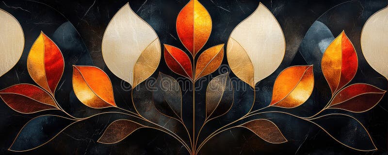 Abstract Art Deco Style Design Featuring Vibrant Leaves and Geometric ...