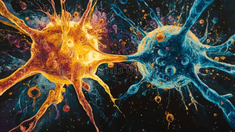 Abstract Art Depicting Two Colorful Cells Interacting Stock ...