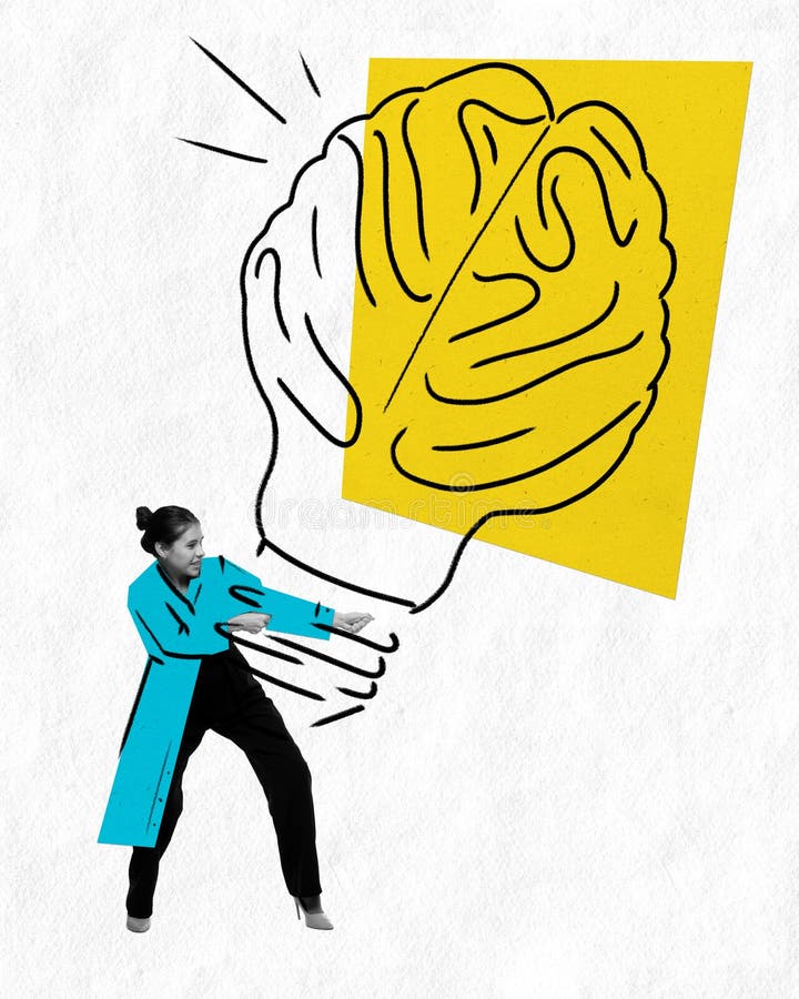 Abstract Art Design. Woman in Blue Coat Holding Brain-shaped Lightbulb ...