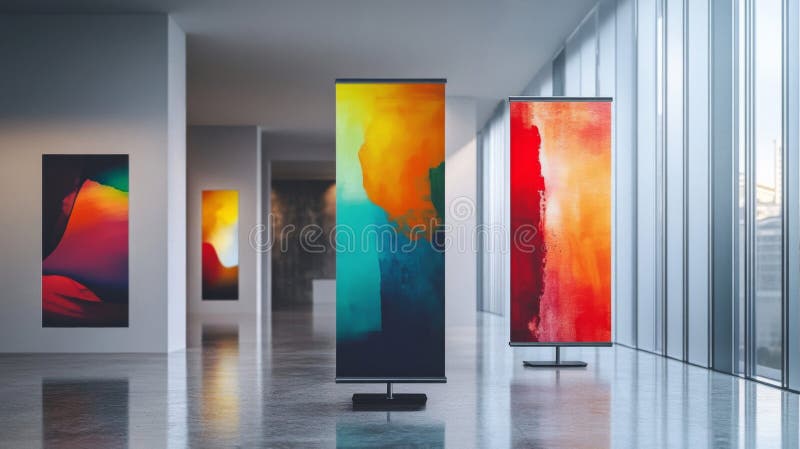Abstract Art Display in a Modern Gallery Space Stock Illustration ...