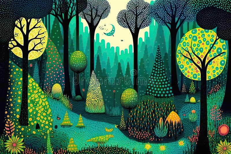 Abstract Art of Exploring a Fanciful Surreal Forest Landscape. Stock ...