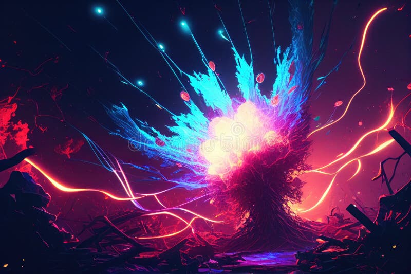Energetic Explosion of Neon Lights Fireworks. Generative AI. Stock ...
