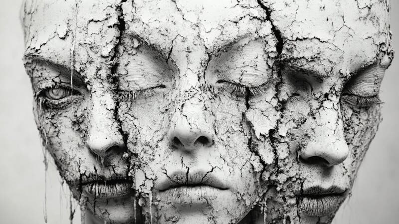 Abstract Art Featuring Three Cracked, Stone-like Female Faces in ...