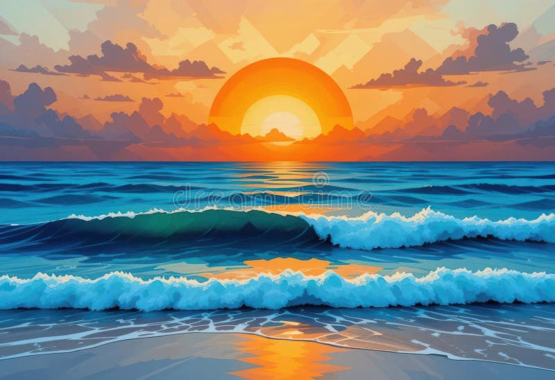 Abstract Tropical Beach Geometric Orange Sunset and Peaceful Waves ...