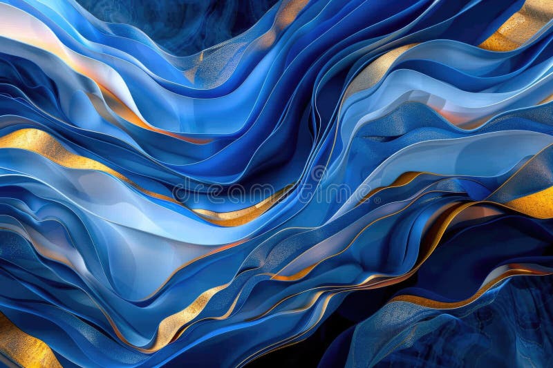Abstract Art Featuring Undulating Waves in Shades of Blue and Gold ...