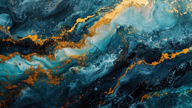Abstract Art of Fluid Colors in Blue and Gold Mix. Marble Background ...