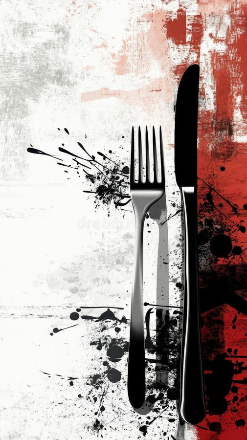 Abstract Art with Fork and Knife on Red and White Background Stock ...