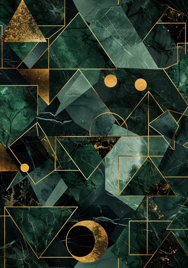 Abstract Art Geometric Pattern with Emerald Green and Gold, Featuring ...