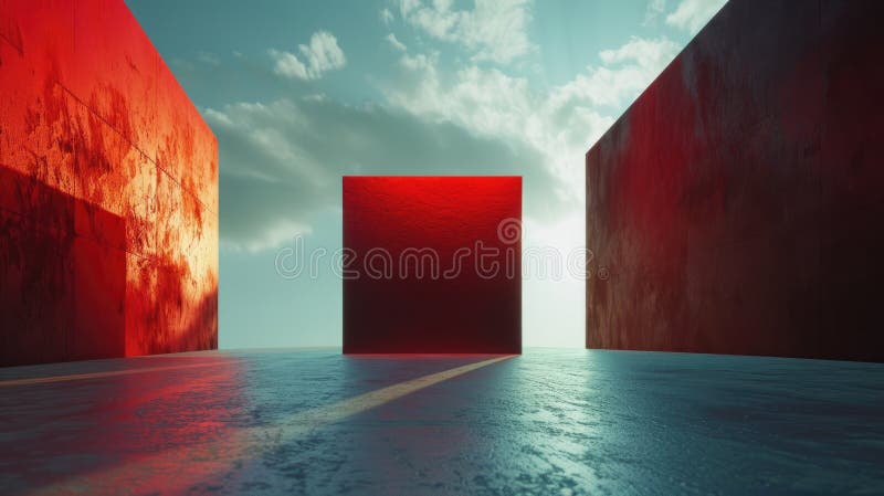 Abstract Art of Glowing Cube Structure in a Sci-fi Landscape at Sunset ...