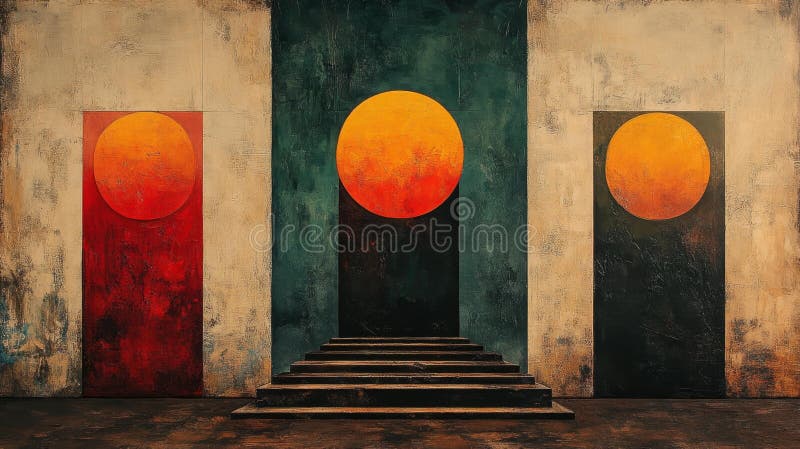 Abstract Art with a Glowing Orange Sun and Three Panels Generative AI ...