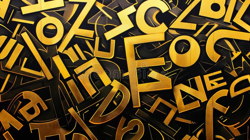 Abstract Art with Golden Letters and Symbols on a Black Background ...