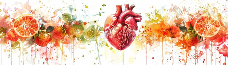 Abstract Art with a Human Heart and Fruit, Watercolor Style Stock ...