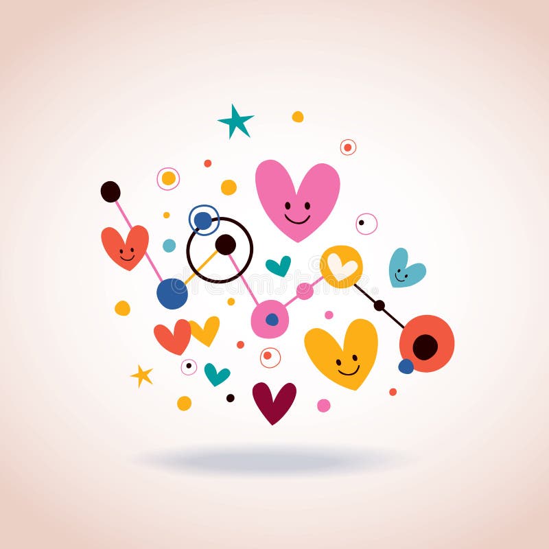 Abstract Art Illustration with Cute Cartoon Hearts and Dots Stock ...