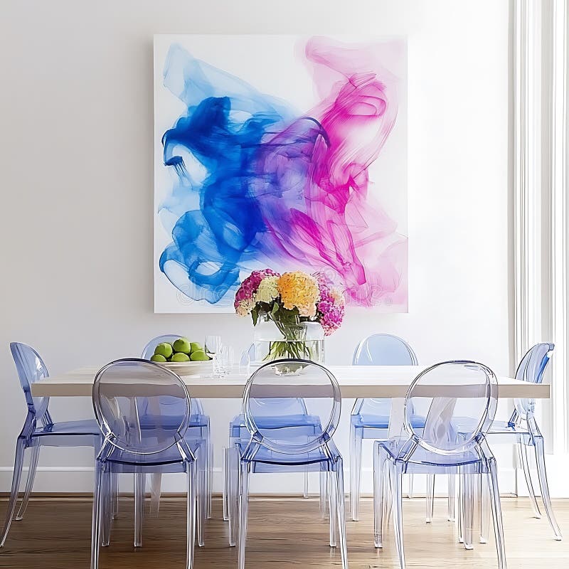 Abstract Art and Modern Transparent Chairs in Minimalist Dining Room ...