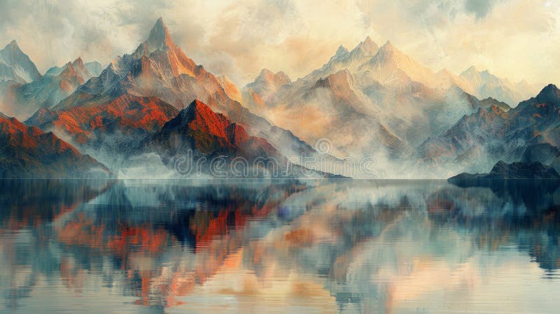 Abstract Art Mountains by the Lake. Illustration Stock Photo - Image of ...