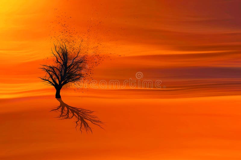 Alone Tree. Orange Nature Background. Stock Photo - Image of abstract ...