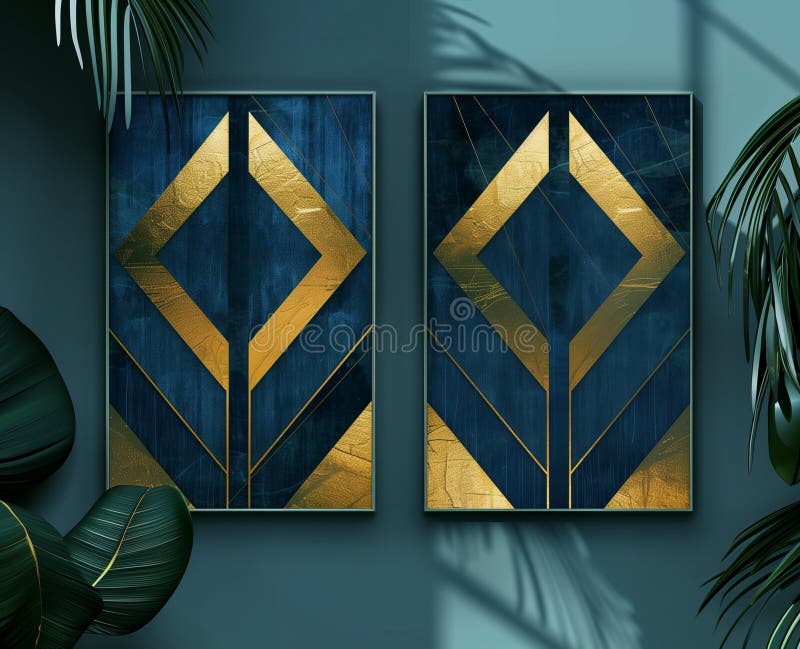 Abstract Art Paintings with Geometric Shapes in Blue and Gold, Inspired ...