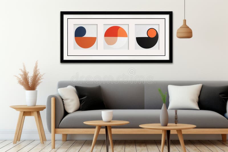 An Abstract Art Piece Hangs Above a Couch in a Living Room Stock ...