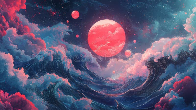 Abstract Art with a Red Moon Clouds Stock Illustration - Illustration ...