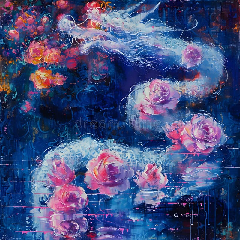 Abstract Art of Roses Floating on Water Surface Stock Illustration ...