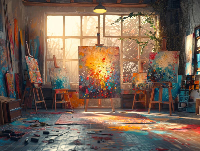 Abstract Art Studio, a Haven for Creativity. Brushes, Palette, and ...