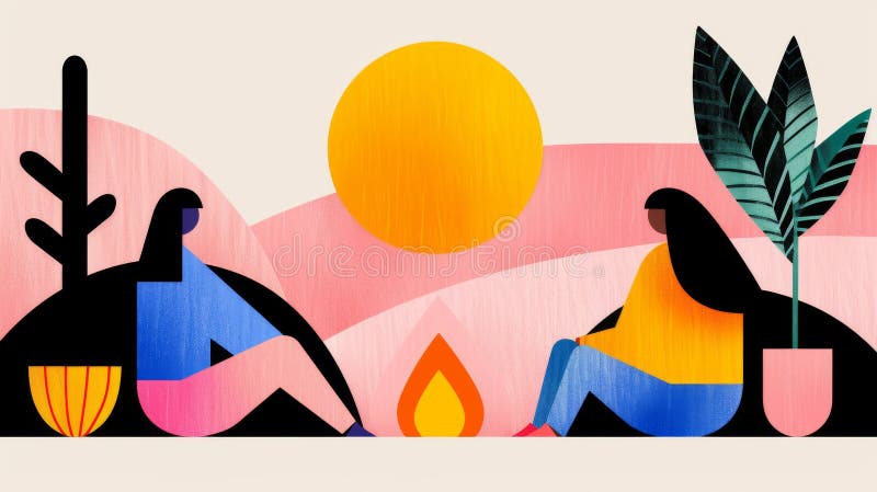 Abstract Art of Two People Relaxing by Campfire with Vibrant Sun and ...