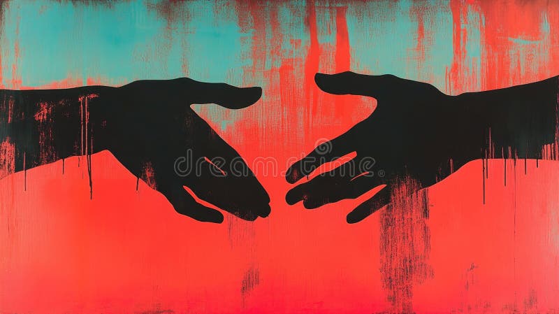 Abstract Art: Two Reaching Hands Against Red and Turquoise Background ...