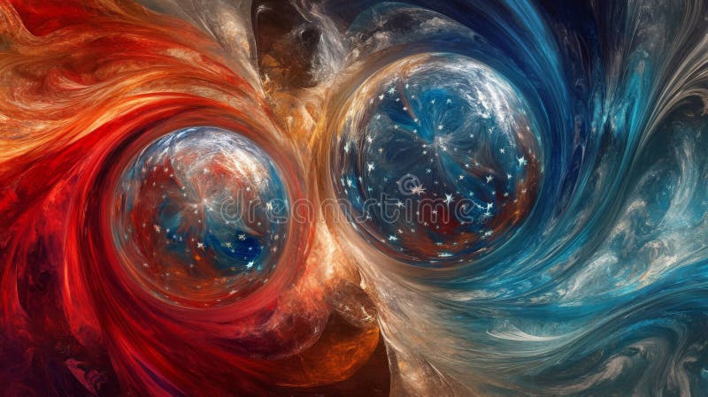 Abstract Art with Two Starry Spheres and Swirling Colors Stock ...