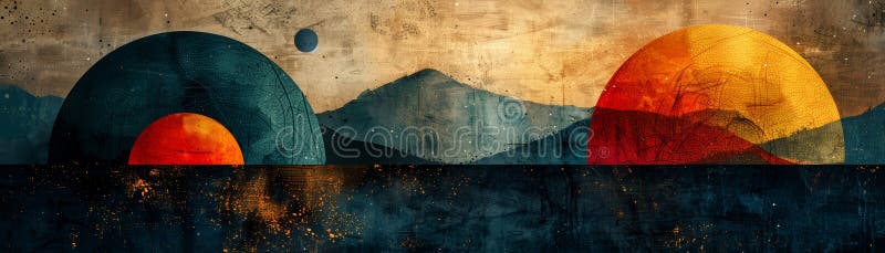 Abstract Art with Two Suns and a Mountain Range Stock Illustration ...