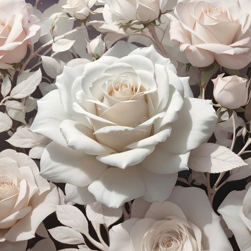 Abstract Artwork of White Roses with Silver Leaves Stock Illustration ...