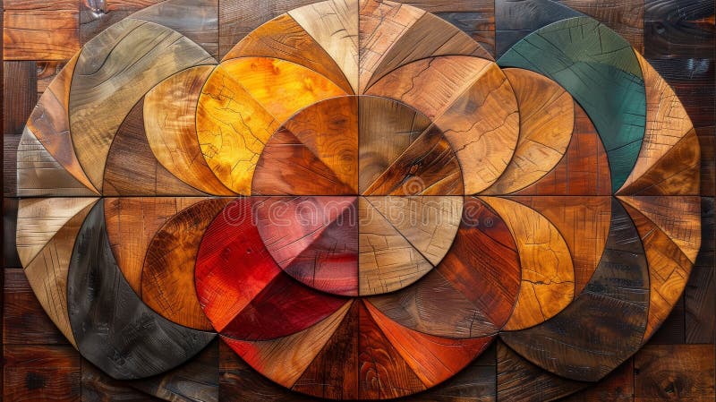 Abstract Art with Wooden Circles and Geometric Patterns in Vibrant ...