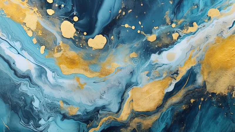 Abstract Artistic Background with Blue Marble and Golden Paint Stains ...