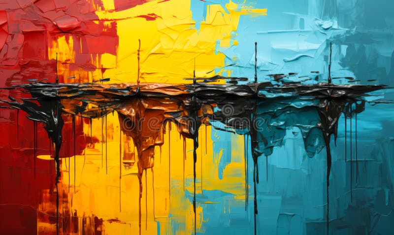 Abstract Artistic Deluge Cascading Drips of Red Yellow and Blue Paint ...