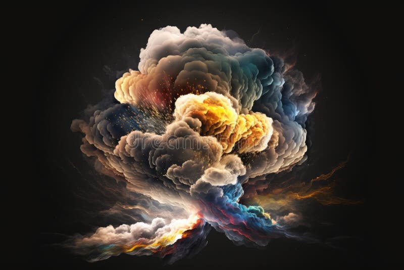 Abstract Artistic Explosion of Cloud or Gas on Black Background Digital ...