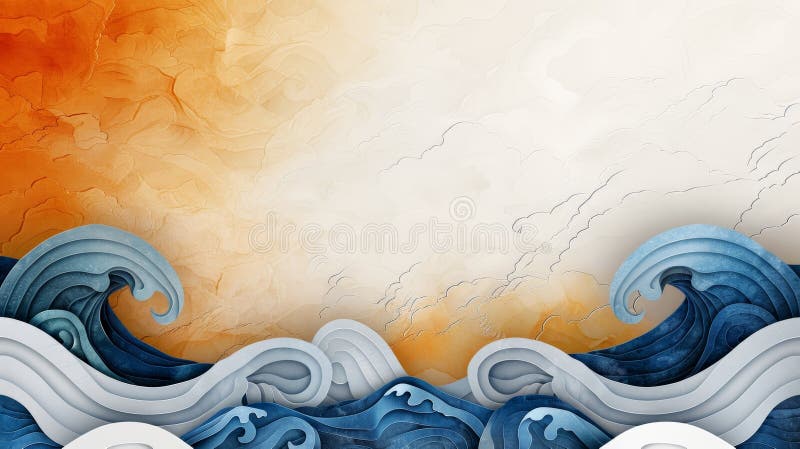 Abstract Artistic Illustration Featuring Stylized Ocean Waves Under a ...