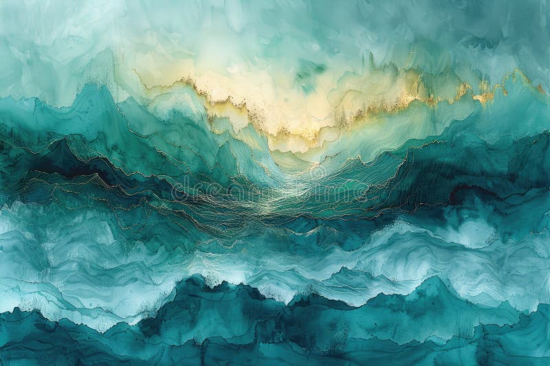 Serene Teal and Gold Abstract Ink Landscape: a Mesmerizing Blend of ...