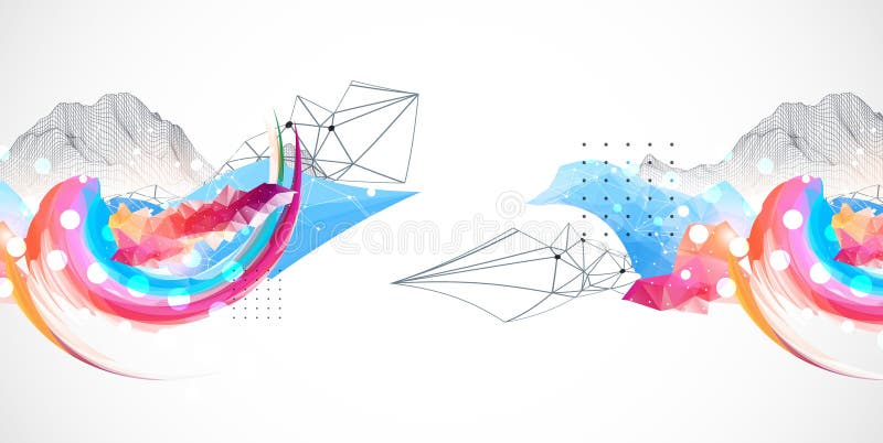 Abstract Artwork with Colorful Waves, Polygonal Shapes and Wireframe ...