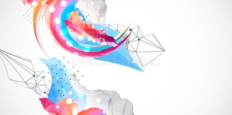 Abstract Artwork with Colorful Waves, Polygonal Shapes and Wireframe ...