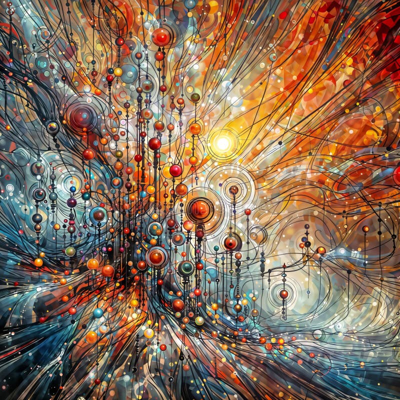 Abstract Artwork with a Complex Design of Spheres, Circles, and Lines ...