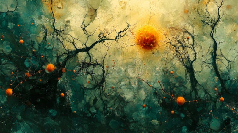 Abstract Artwork Depicting Twisted Trees and Glowing Orbs Stock ...