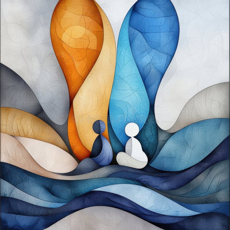 Abstract Artwork Depicting Two Figures Surrounded by Fluid Shapes and ...