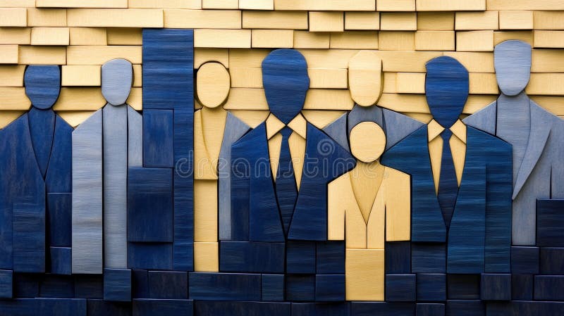 Abstract Art of Faceless Figures in Blue and Yellow Suits on a Textured ...