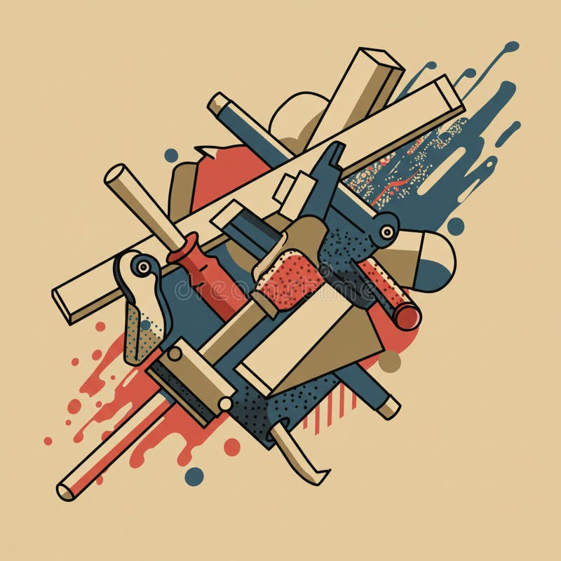 Abstract Artwork Featuring an Assortment of Geometric Shapes and Tools ...