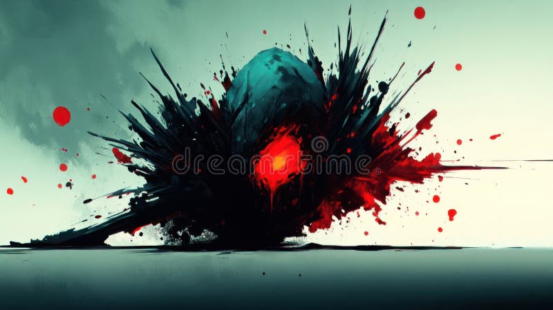 Abstract Artwork Featuring a Dark, Explosive Shape with a Glowing Red ...