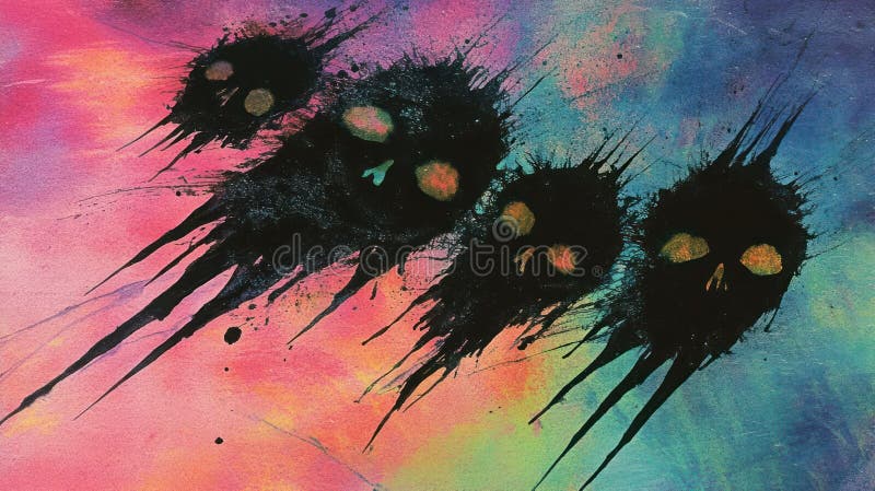 Abstract Ink Splatter Painting: Dark Figures on Vibrant Background ...