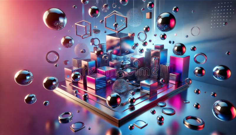 Abstract Artwork Featuring Floating Geometric Shapes, Glowing Spheres ...