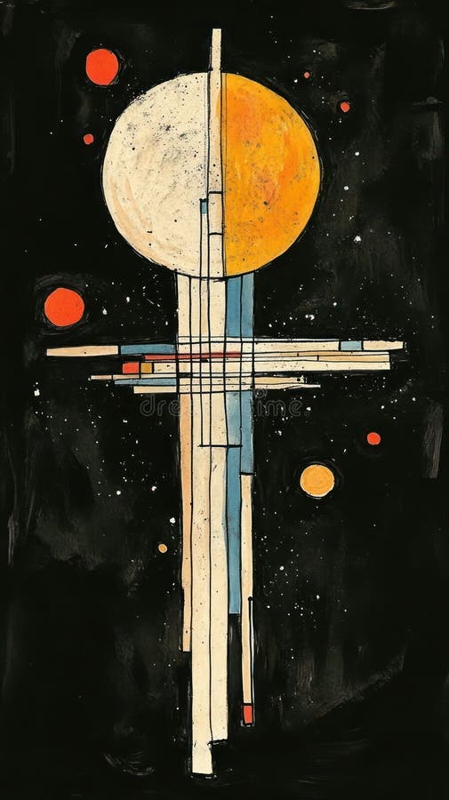 Abstract Artwork Featuring Geometric Shapes, Celestial Bodies, and a ...