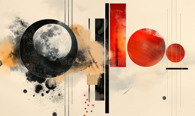 Abstract Artwork Featuring Moon with Geometric Shapes and Splatter ...