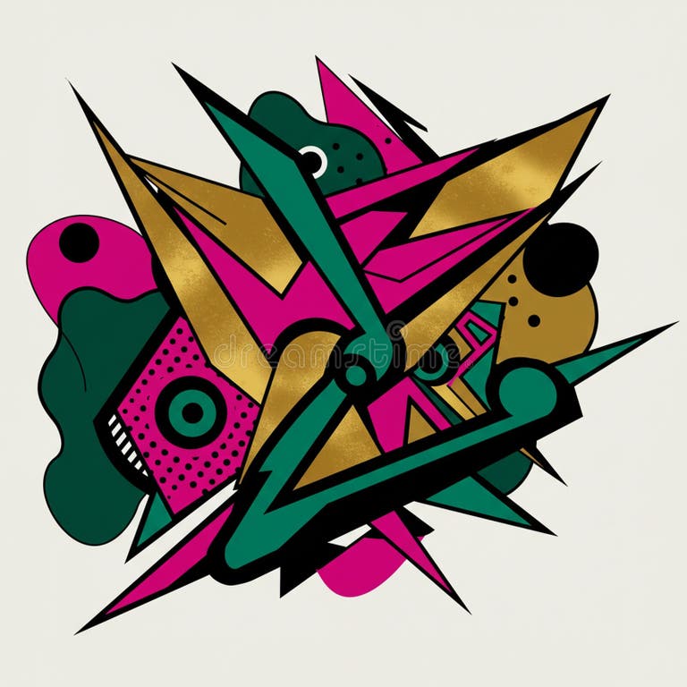 Abstract Artwork Featuring Sharp, Angular Shapes in Green, Gold, and ...